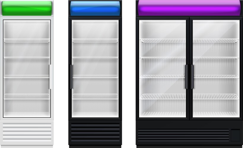 Realistic detailed 3d supermarket freezer set Vector Image