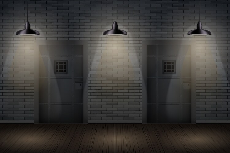 Prison cell with barred windows jail interior Vector Image