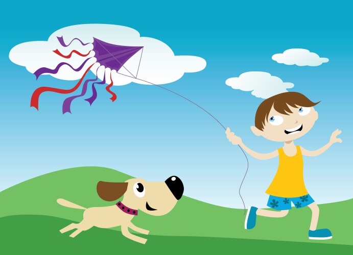 Spring boy flying a kite colored cartoon Vector Image