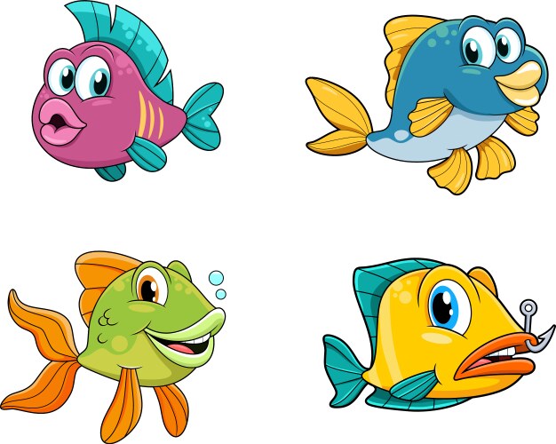 Fish cartoon characters fishing collection set Vector Image