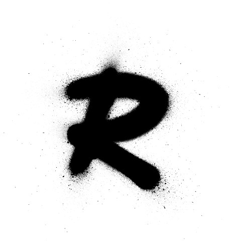 Graffiti style letter r with a spray in black over