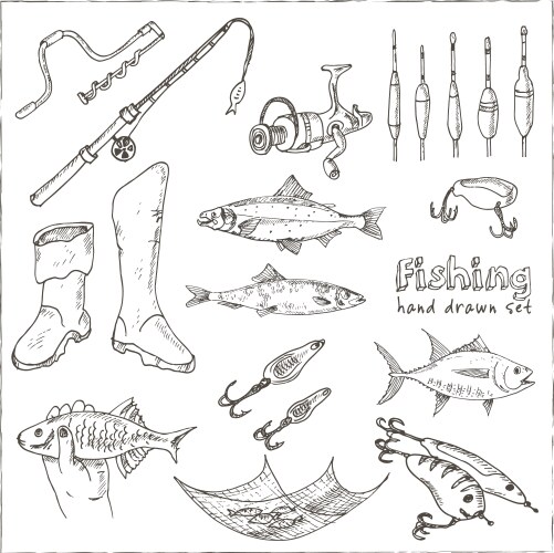 Vintage image of fishing rod and fishes drawing Vector Image