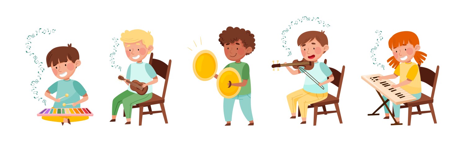 Funny kid character playing musical instrument Vector Image