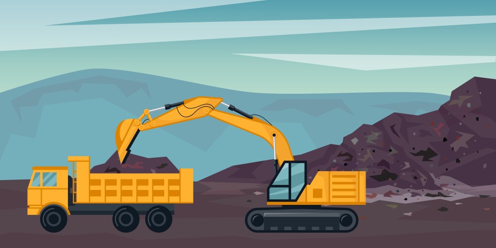 Excavator loading dump truck with ground Vector Image