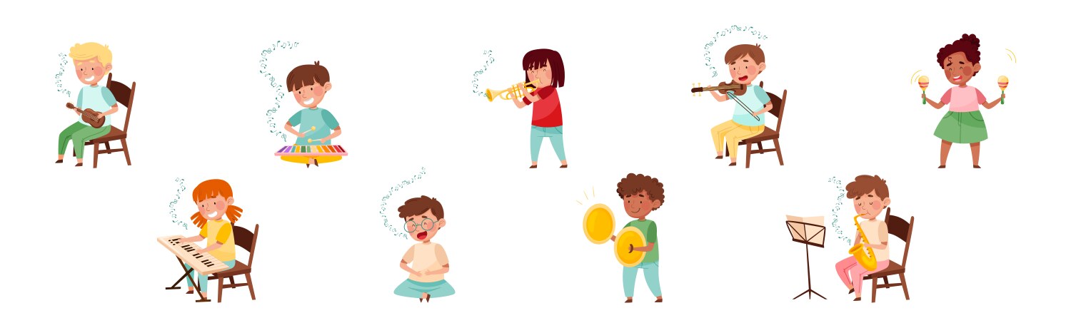 Funny kid character playing musical instrument Vector Image