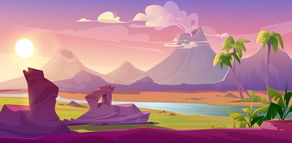 Volcano eruption cartoon background Royalty Free Vector