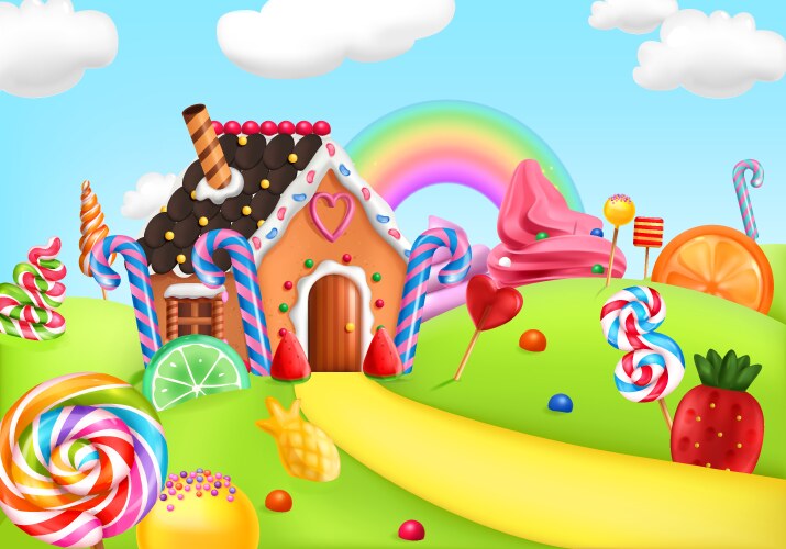 Cartoon candy land with gingerbread house Vector Image