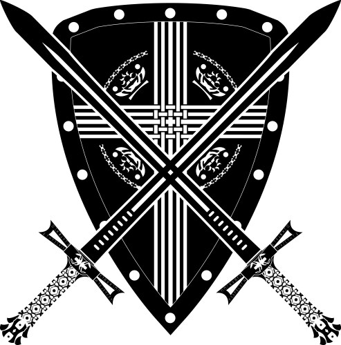 Two crossed swords that are behind the shield Vector Image