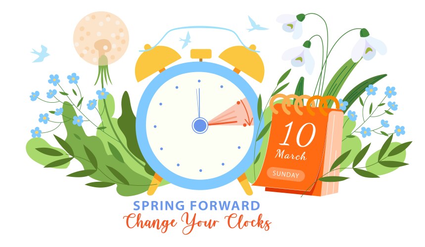 Spring forward 2024 banner alarm clock set Vector Image
