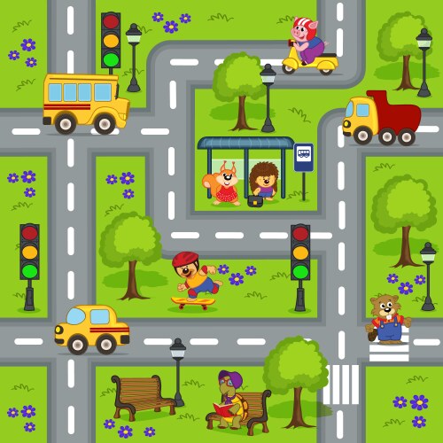 Cartoon seamless pattern with bright road the car Vector Image