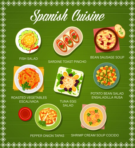 Spanish food cuisine menu meals restaurant spain Vector Image