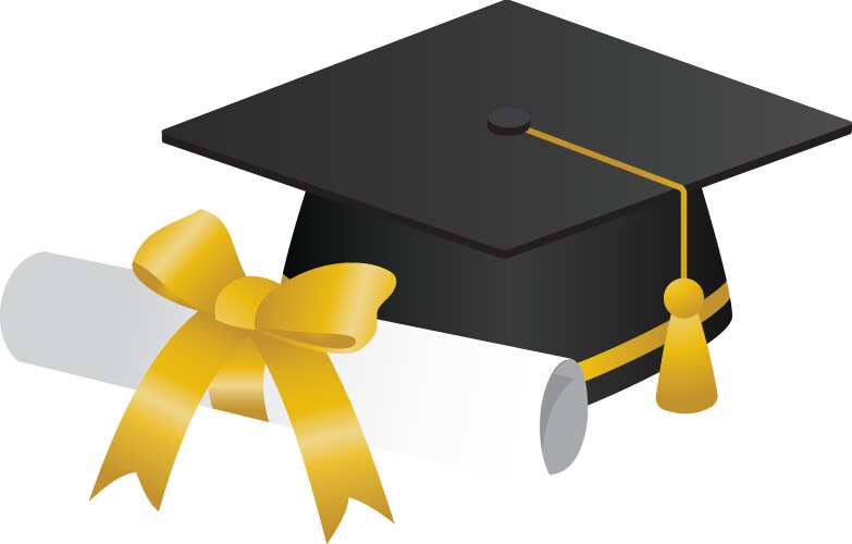 A graduation cap and diploma are displayed Vector Image