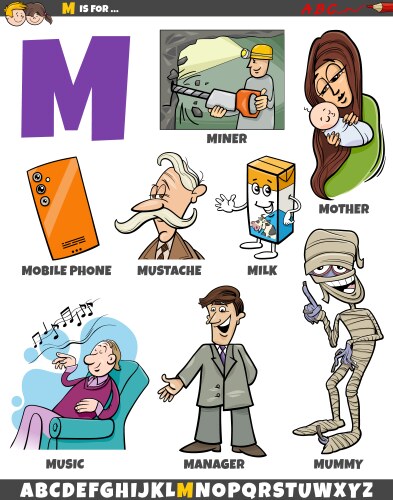 Letter m words educational set with cartoon Vector Image