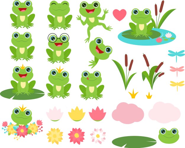 Cartoon frogs cute amphibian mascots frogspawn Vector Image