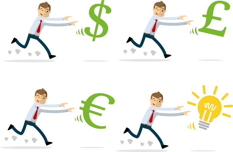 Business man chasing money cartoon Royalty Free Vector Image
