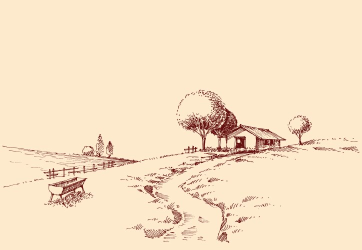 A path to farm landscape hand drawing Royalty Free Vector