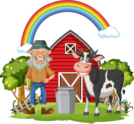Cartoon cow standing next to a red barn Royalty Free Vector