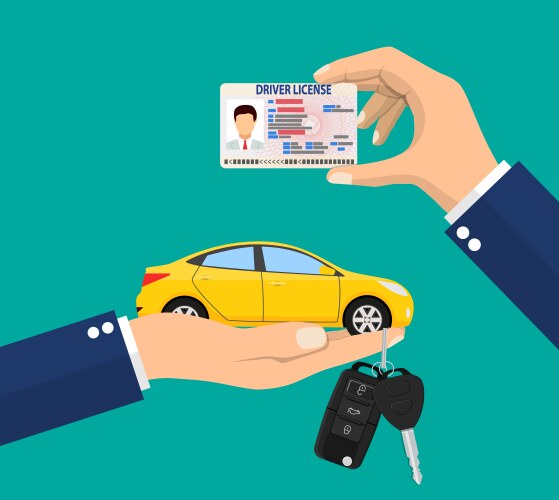 Driver license in hand and orange sedan car Vector Image