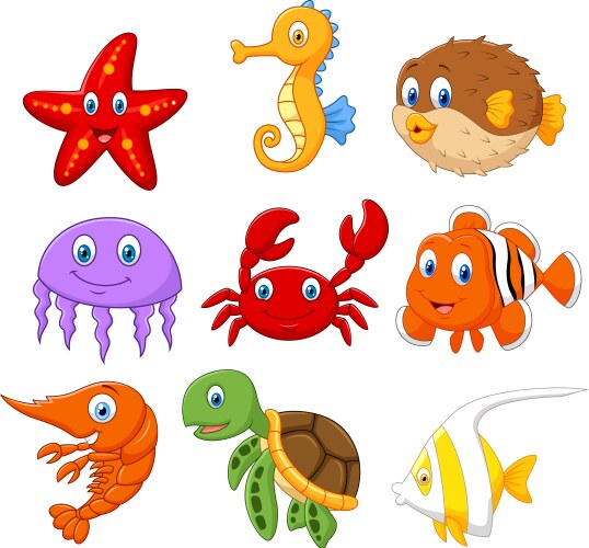 Cartoon shrimp and crab collection set Royalty Free Vector