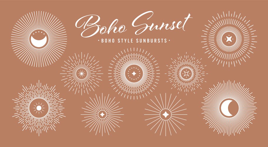 Vintage sunburst sunset beams collection boho Vector Image