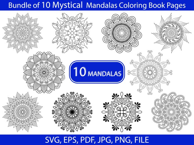 Bundle of 10 swirling mandalas coloring book page Vector Image