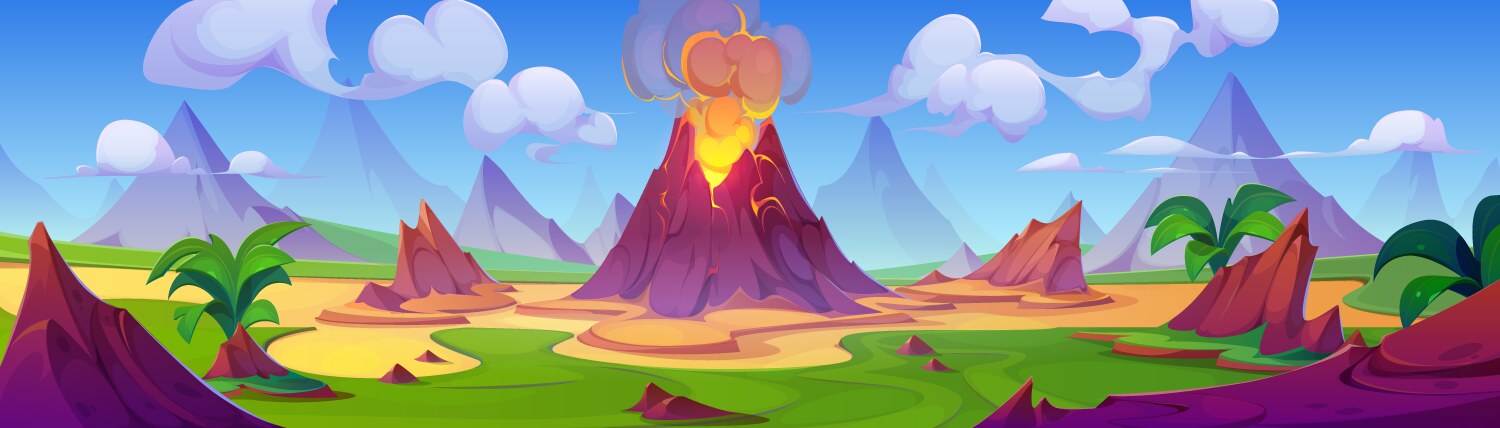 Prehistoric landscape with volcanic eruption Vector Image