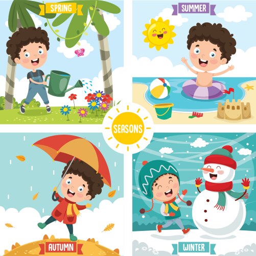 Kid and four seasons Royalty Free Vector Image