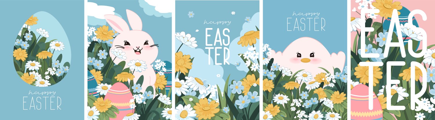 Happy easter cards set cute funny kawaii rabbit Vector Image
