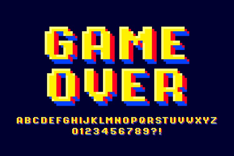 Video game pixel font with distortion Royalty Free Vector