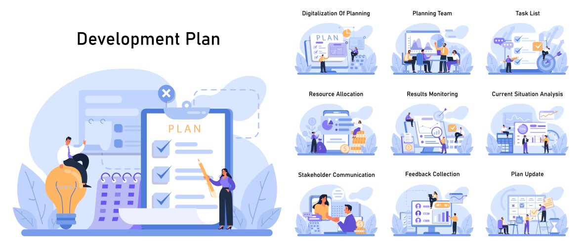 Development plan set teams navigate digital Vector Image