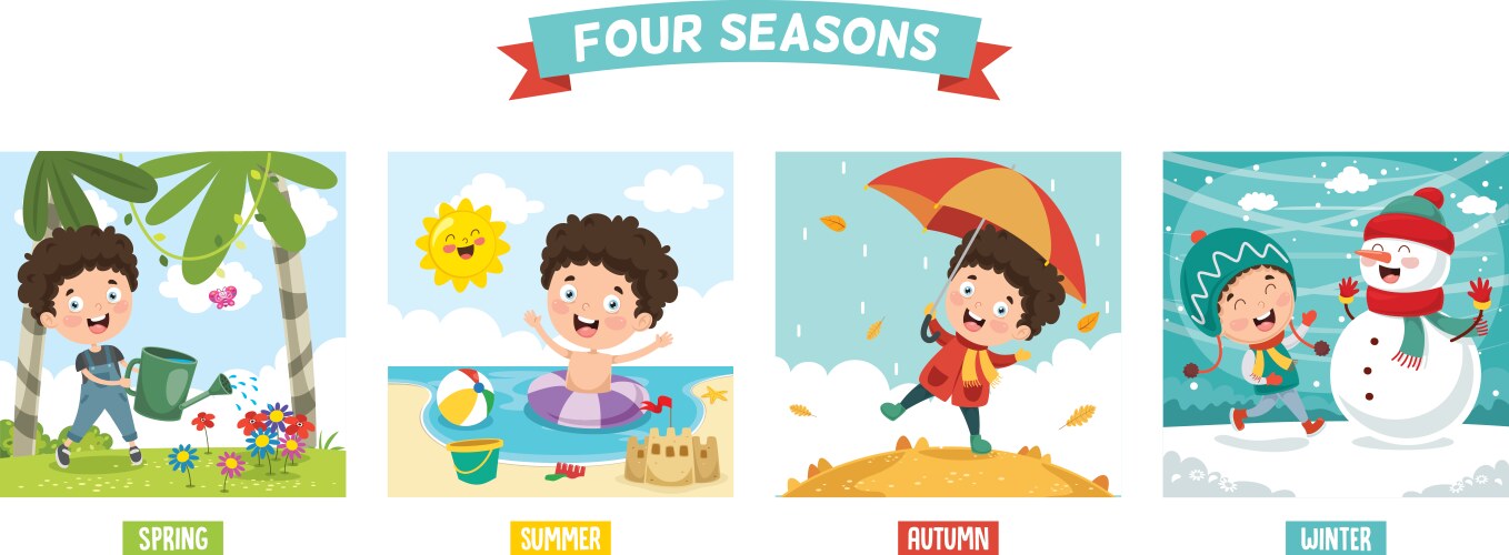 Kid and four seasons Royalty Free Vector Image