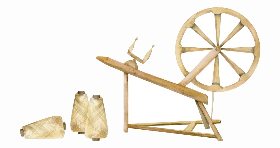 Hand drawn watercolor spinning wheel with blue Vector Image