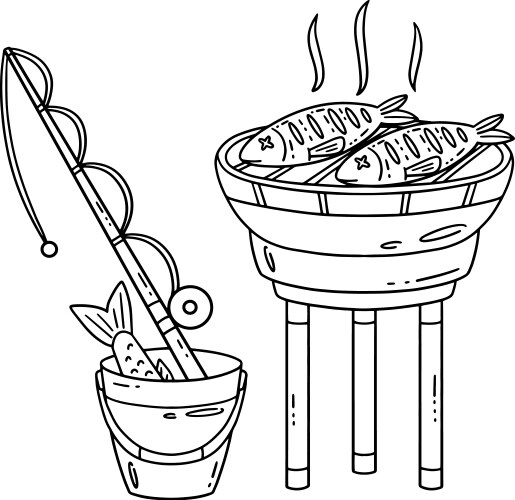 Bbq and grilling fish coloring page for kids Vector Image