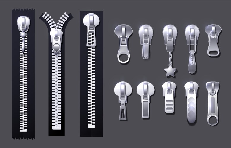 Metal zip fasteners zippers puller set Royalty Free Vector