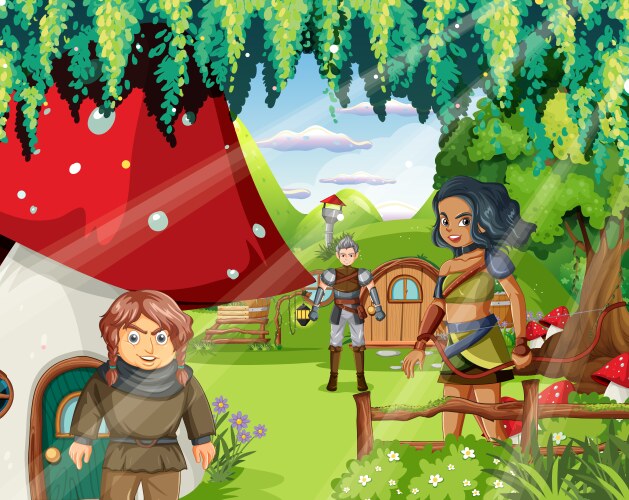 Enchanted scene with medieval cartoon characters Vector Image