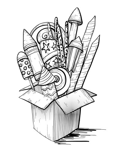 Box with fireworks color sketch engraving Vector Image