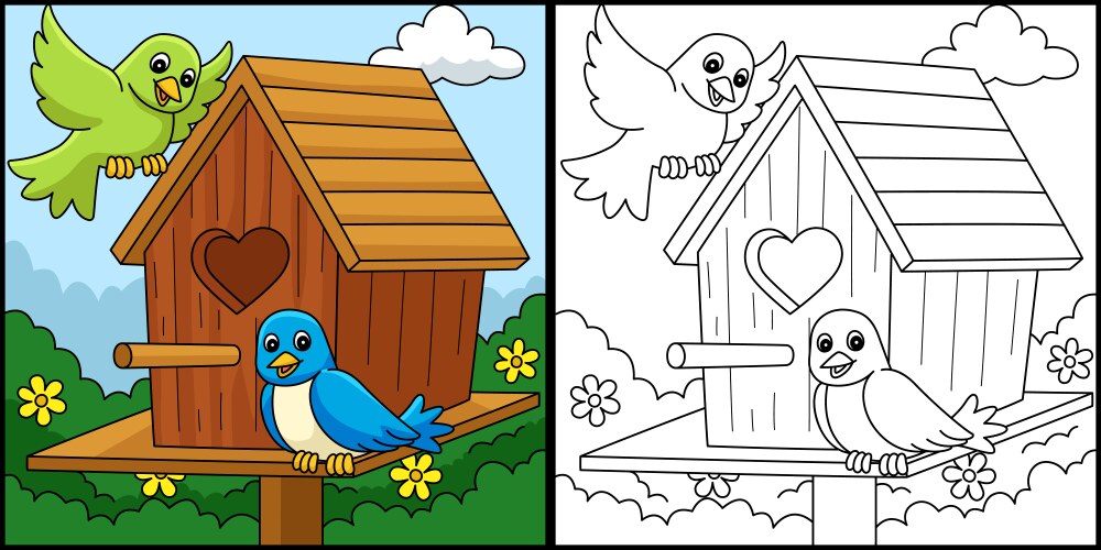 Spring bird house isolated coloring page for kids Vector Image