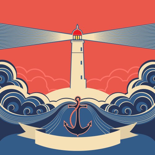 Nautical label with anchor and blue sea waves Vector Image