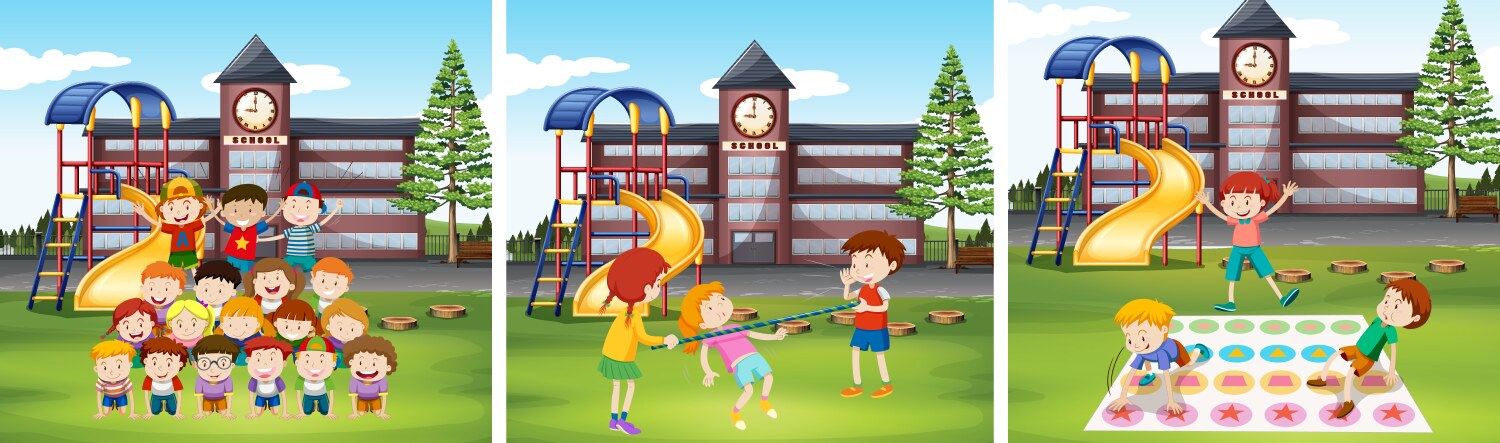 Happy children playing in the school playground Vector Image