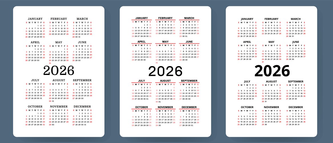 Calendar 2026 set pocket calender collection week Vector Image