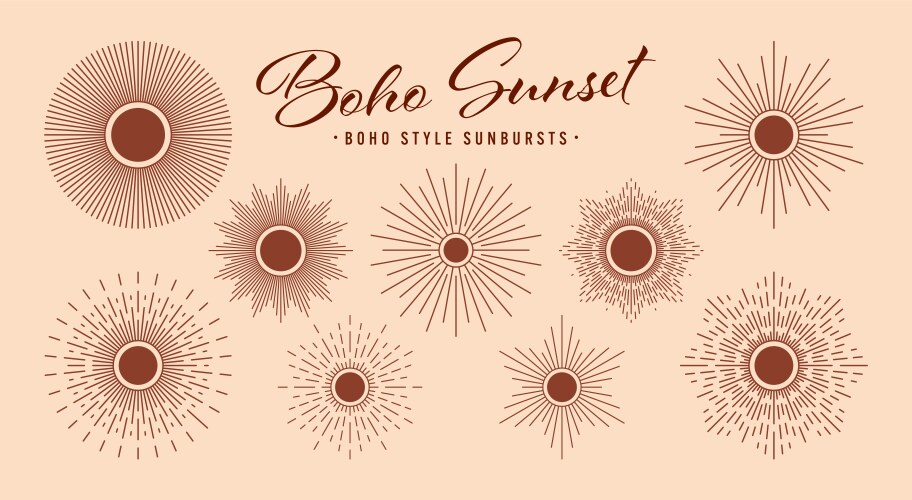 Vintage sunburst sunset beams collection boho Vector Image