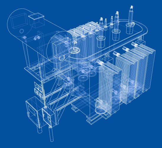 Power three-phase transformer isometric blueprints