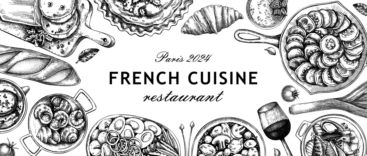 French food background in collage style Royalty Free Vector