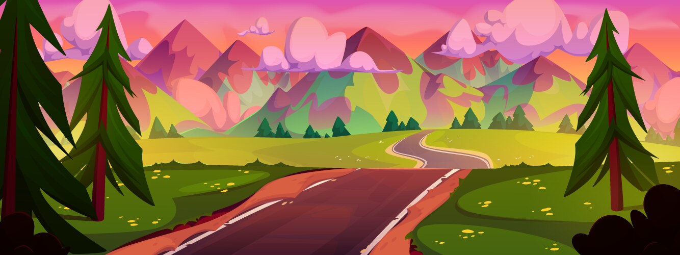 Road and mountain view sunset landscape cartoon Vector Image