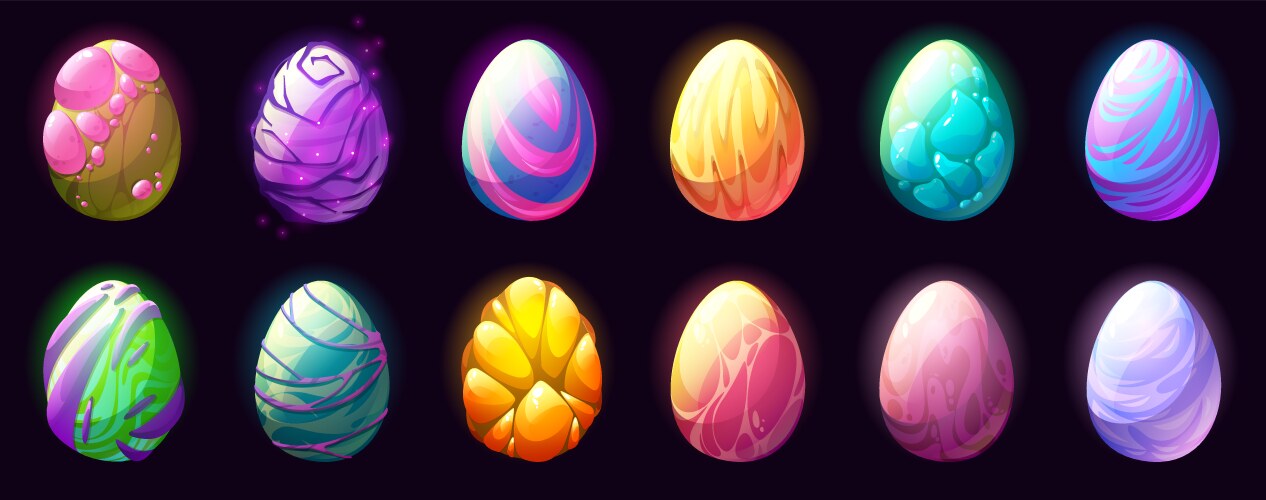 Dragon eggs with colorful glowing shell set Vector Image