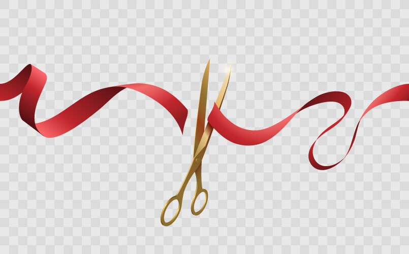3d red ribbon cutting with scissors grand opening Vector Image