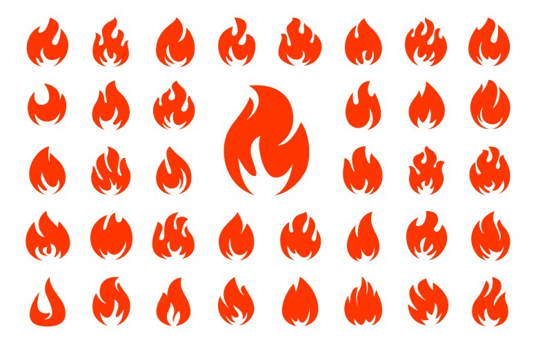 Fire flames set orange icons with reflection Vector Image