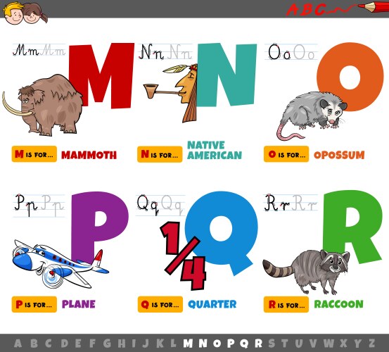 Educational alphabet letters cartoon set from m Vector Image