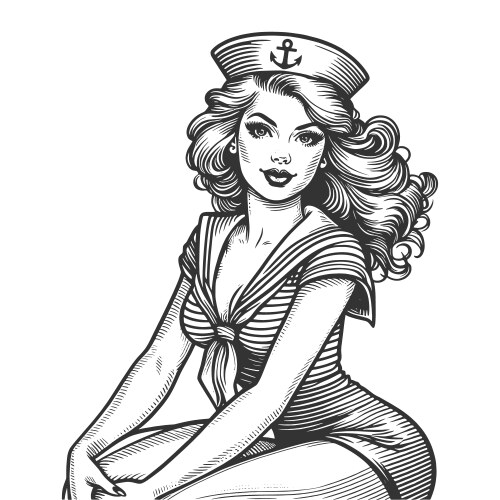Sailor pin-up girl posing engraving Royalty Free Vector