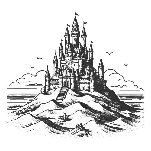 Sand castle engraving sketch Royalty Free Vector Image